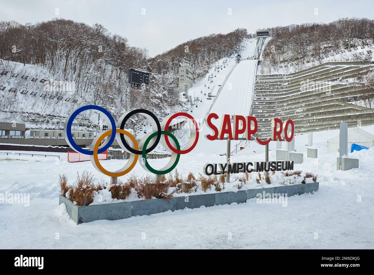 Hokkaido, Japan - December 21, 2022 : Sapporo OLYMPIC Sign at the foot of Okurayama Jump Ski ...