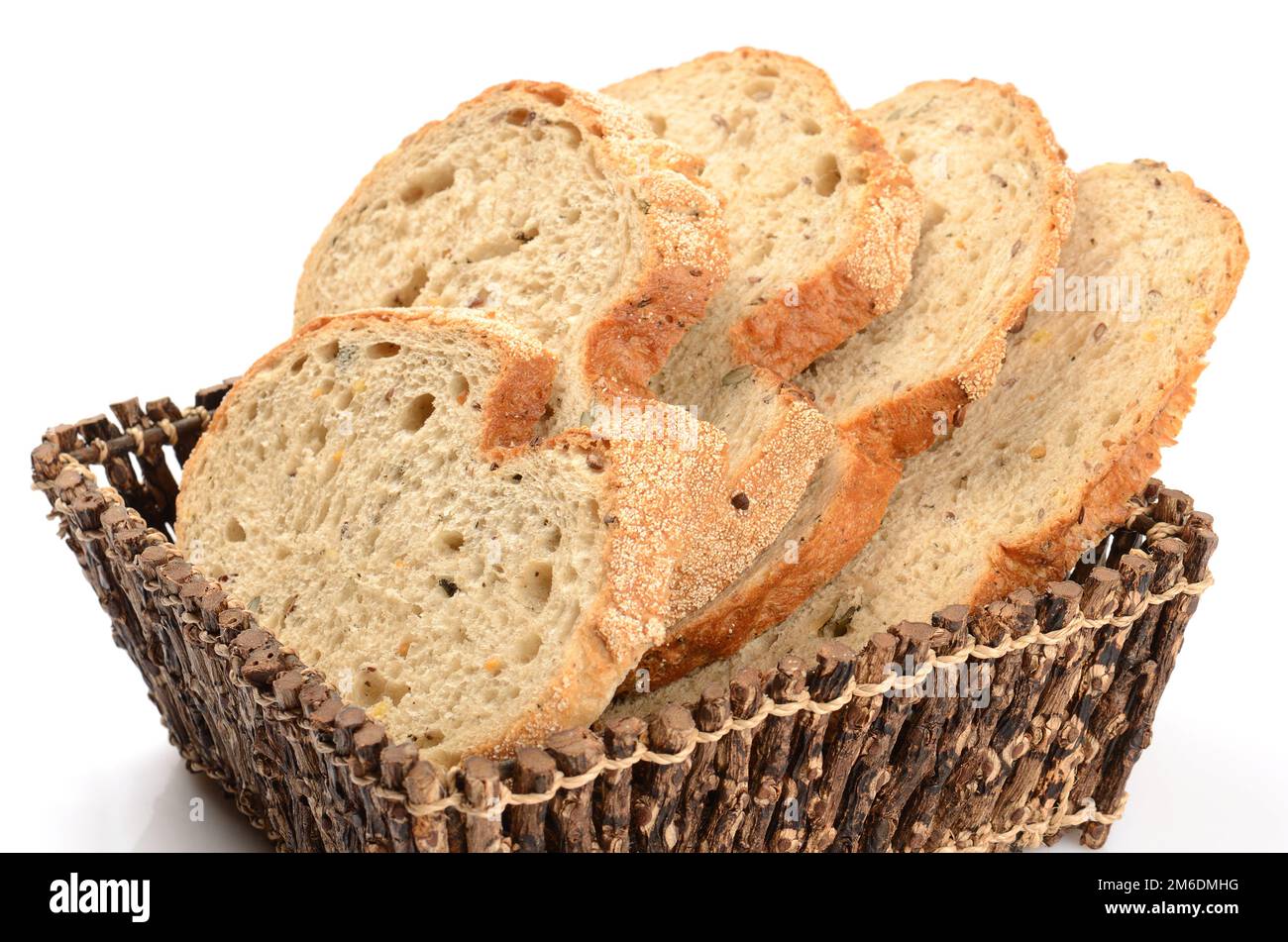 Sliced loaf of bread in a basket isolated on white Stock Photo - Alamy