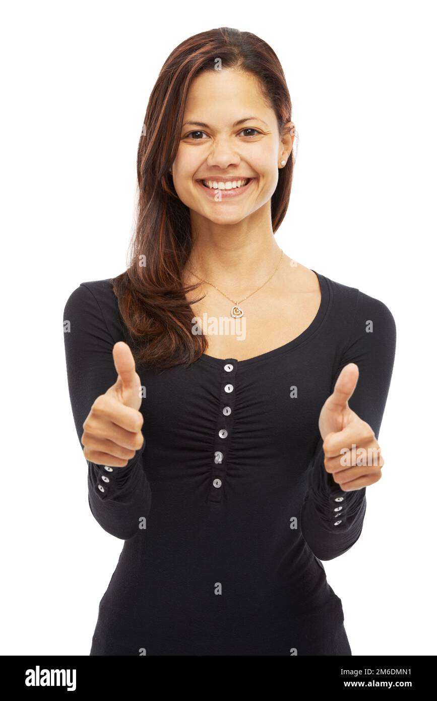 Two thumbs up for you. Studio portrait of an attractive young woman ...