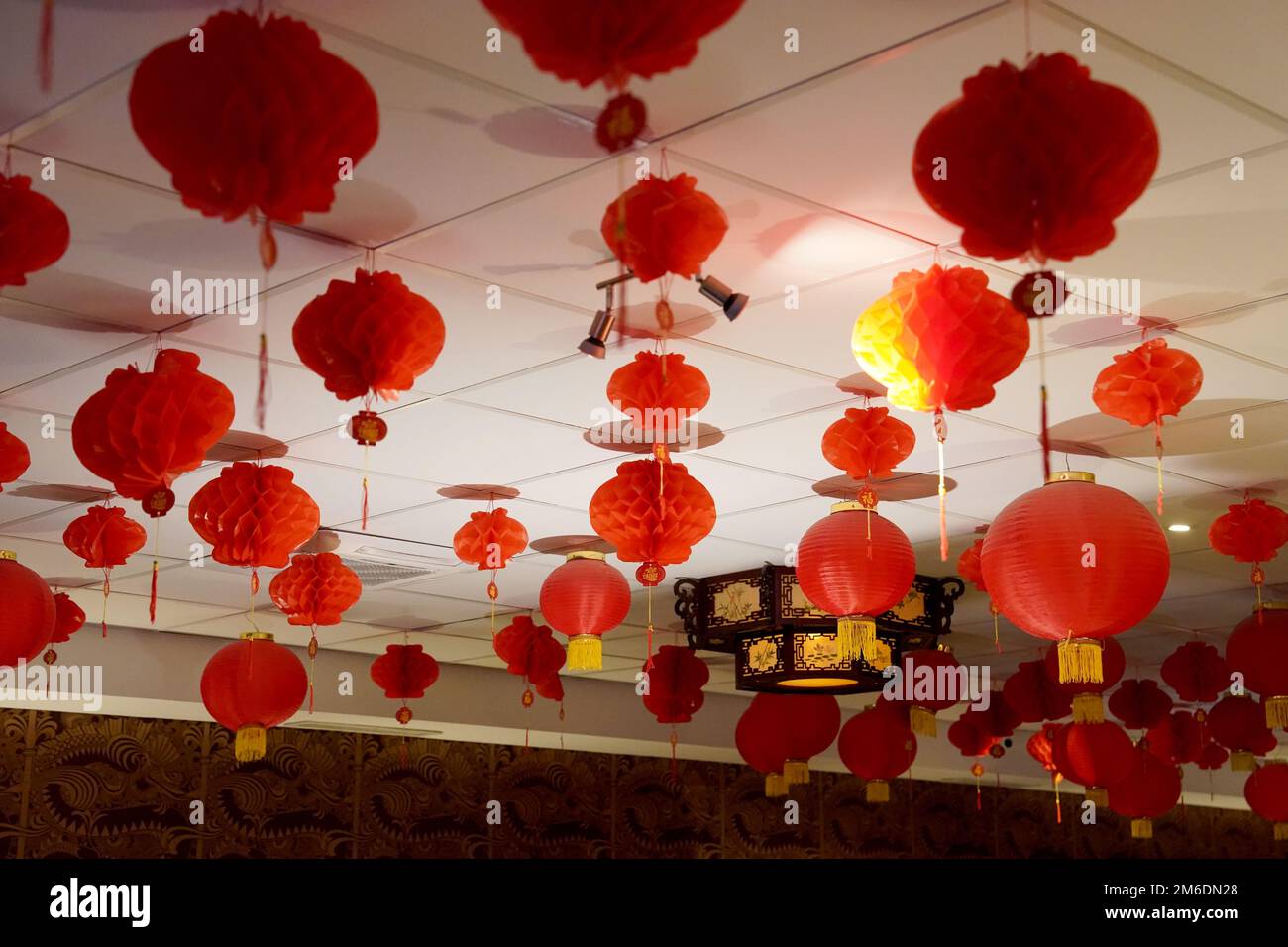 Hamburg, Germany. 02nd Jan, 2023. Red lanterns hang from the ceiling in ...