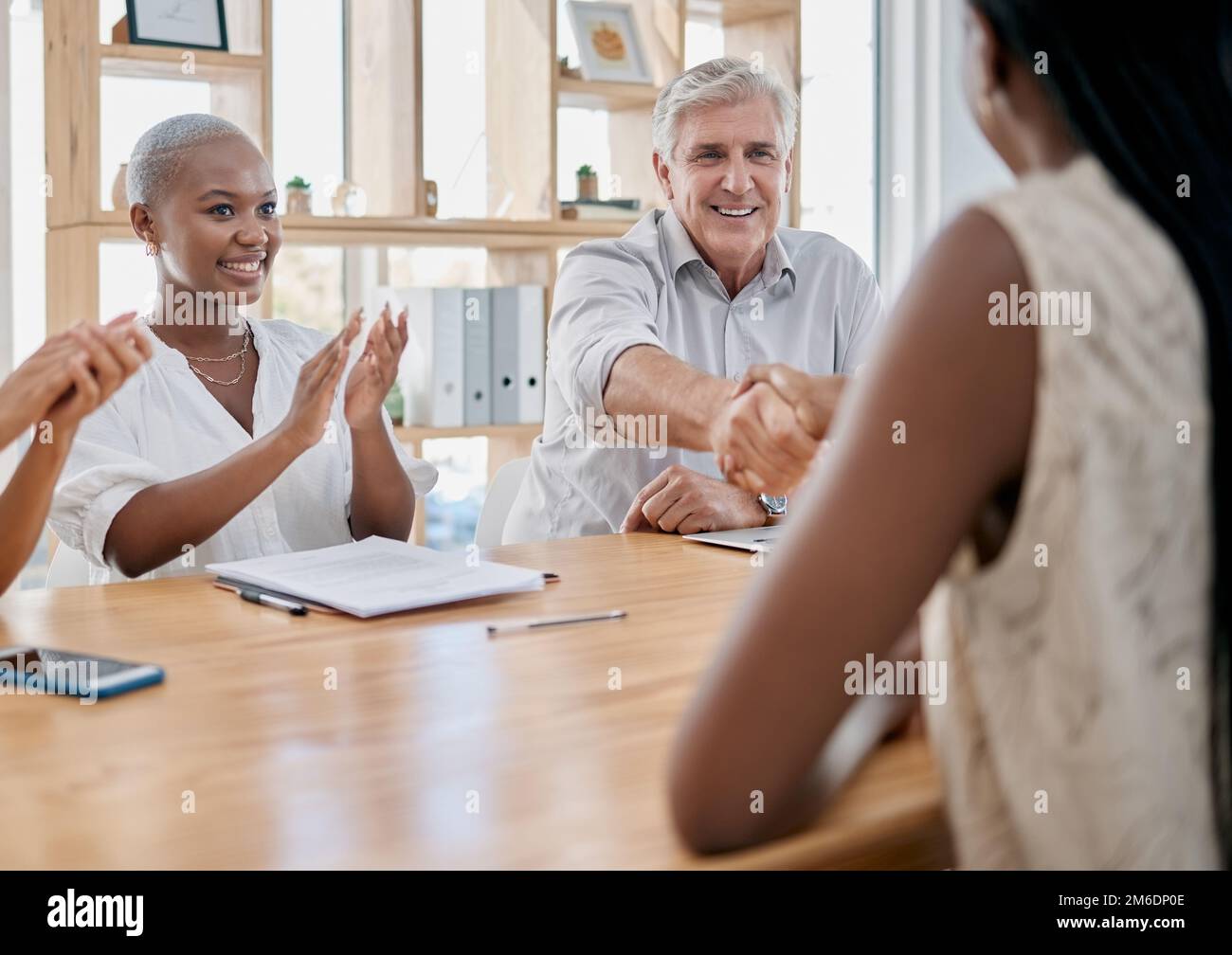 Business people, meeting and applause for handshake, ceo or black woman ...