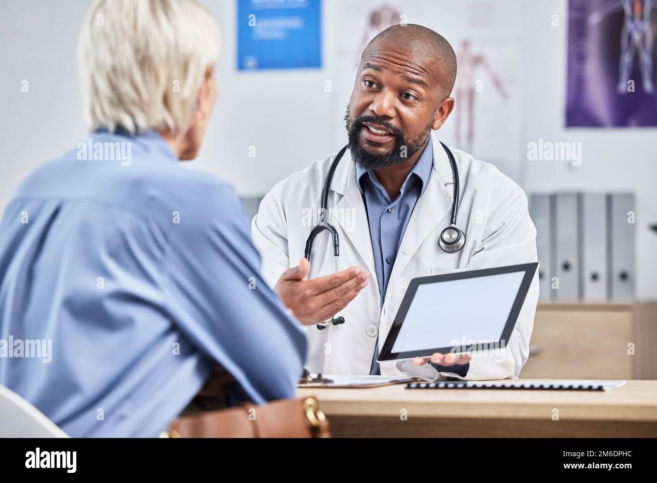 Doctor consultation, tablet mockup and patient consulting black man ...