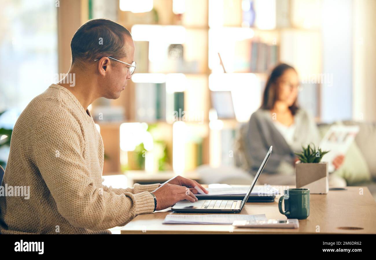 Business, man and typing in office, employees and corporate growth ...