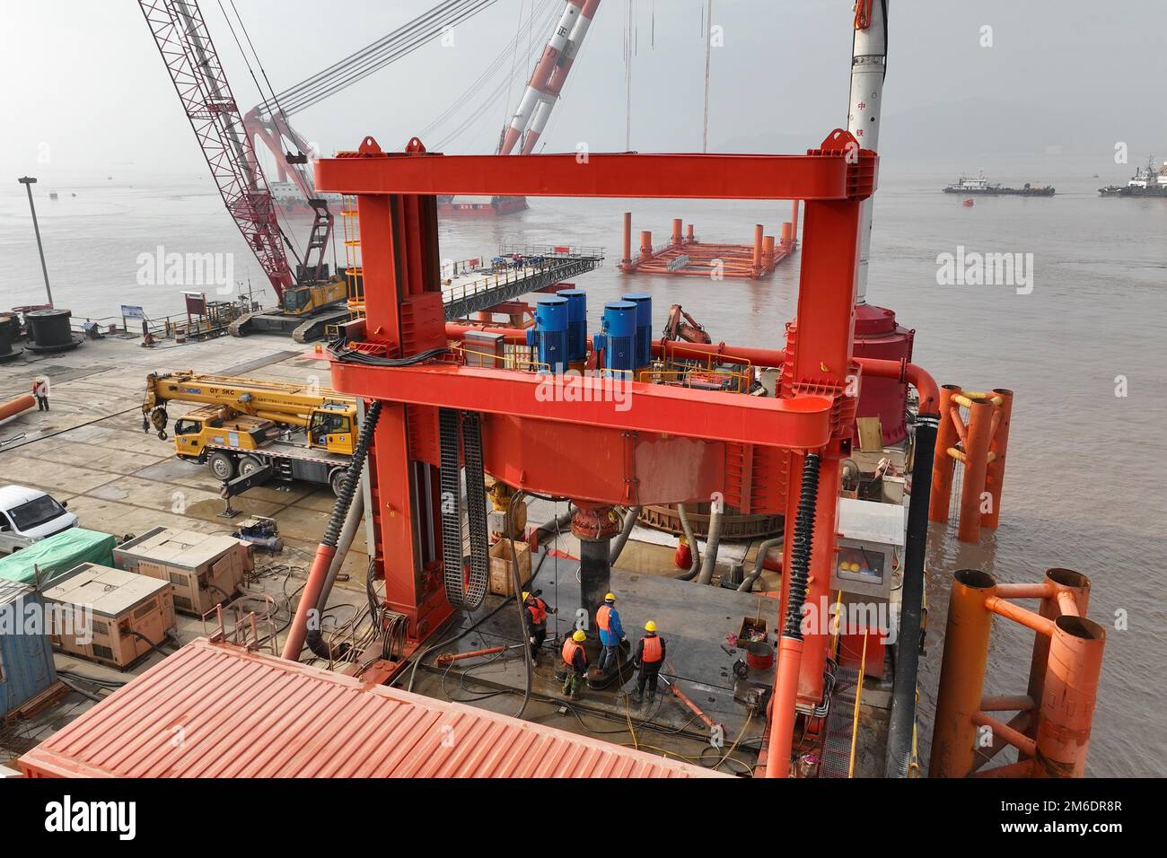 Aerial photo shows workers are busy constructing the Xihoumen Bridge of ...