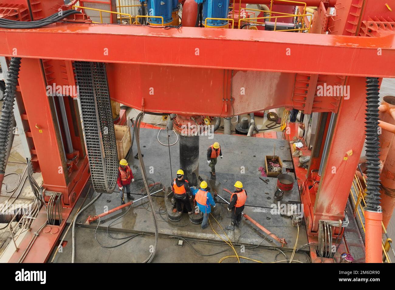 Aerial photo shows workers are busy constructing the Xihoumen Bridge of ...
