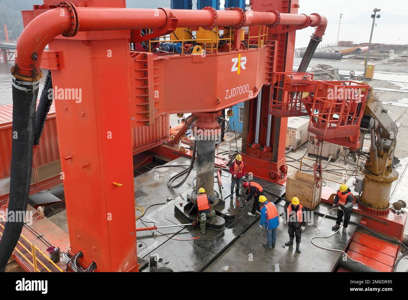 Aerial photo shows workers are busy constructing the Xihoumen Bridge of ...