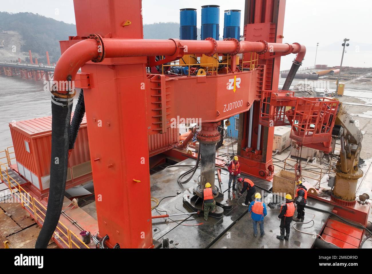 Aerial photo shows workers are busy constructing the Xihoumen Bridge of ...