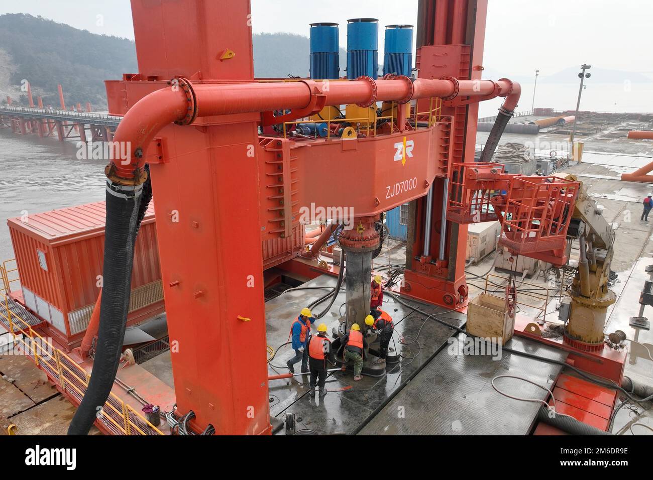 Aerial photo shows workers are busy constructing the Xihoumen Bridge of ...