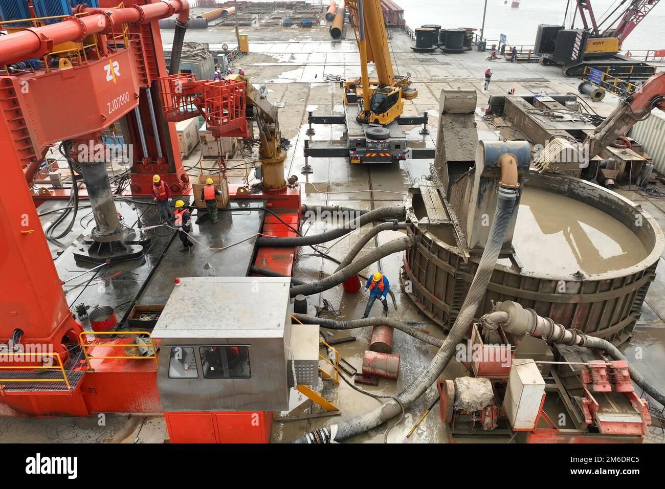 Aerial photo shows workers are busy constructing the Xihoumen Bridge of ...