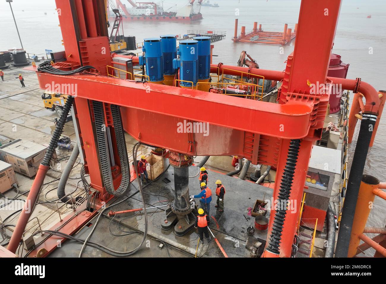 Aerial photo shows workers are busy constructing the Xihoumen Bridge of ...