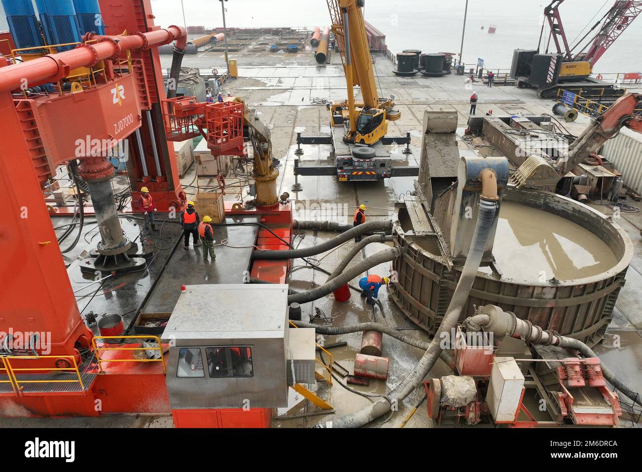 Aerial photo shows workers are busy constructing the Xihoumen Bridge of ...