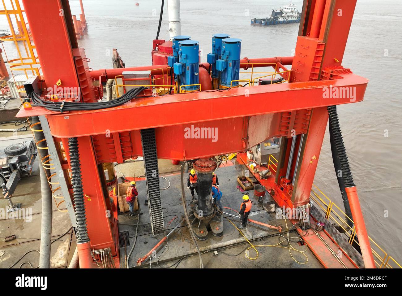 Aerial photo shows workers are busy constructing the Xihoumen Bridge of ...