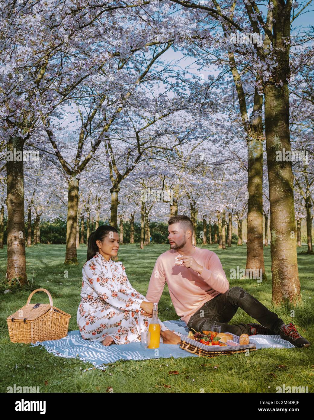 A couple picnic in the park during Spring in Amsterdam Netherlands, a ...