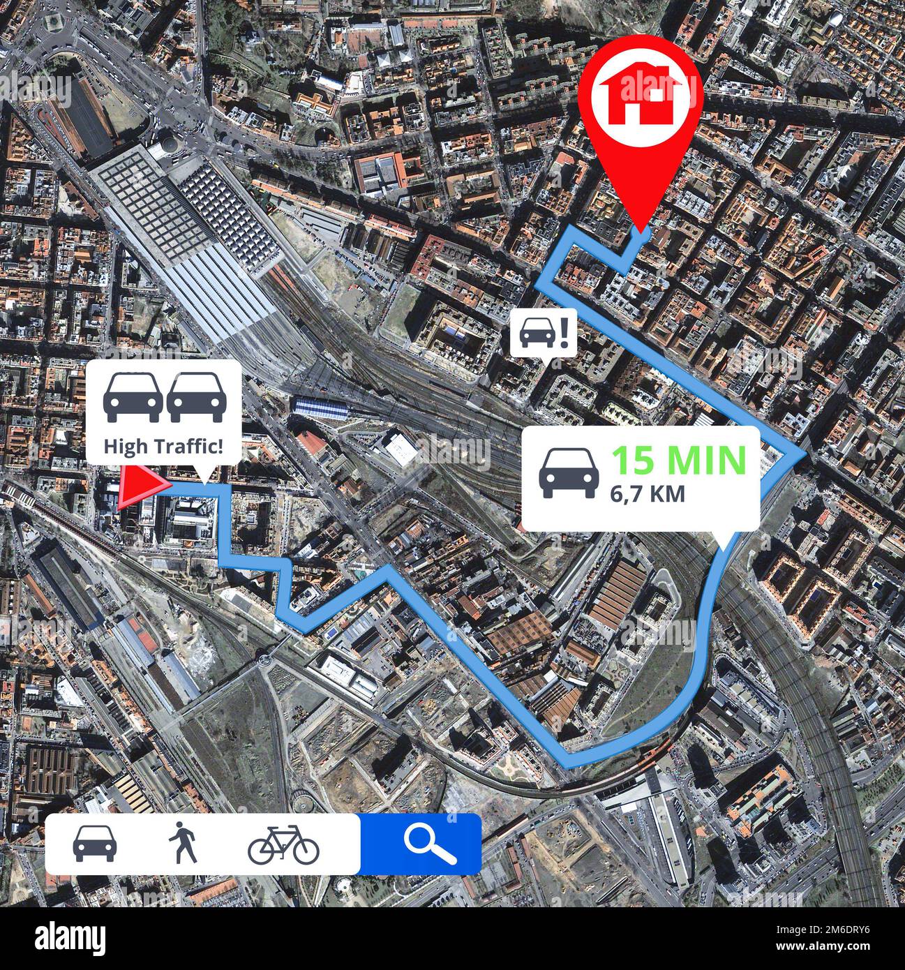 Want to know the best route. Cropped image of a city satellite map with ...