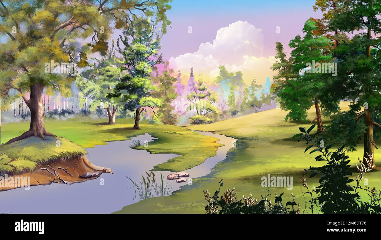 Autumn Landscape with River on a Forest Edge at day. Digital Painting ...