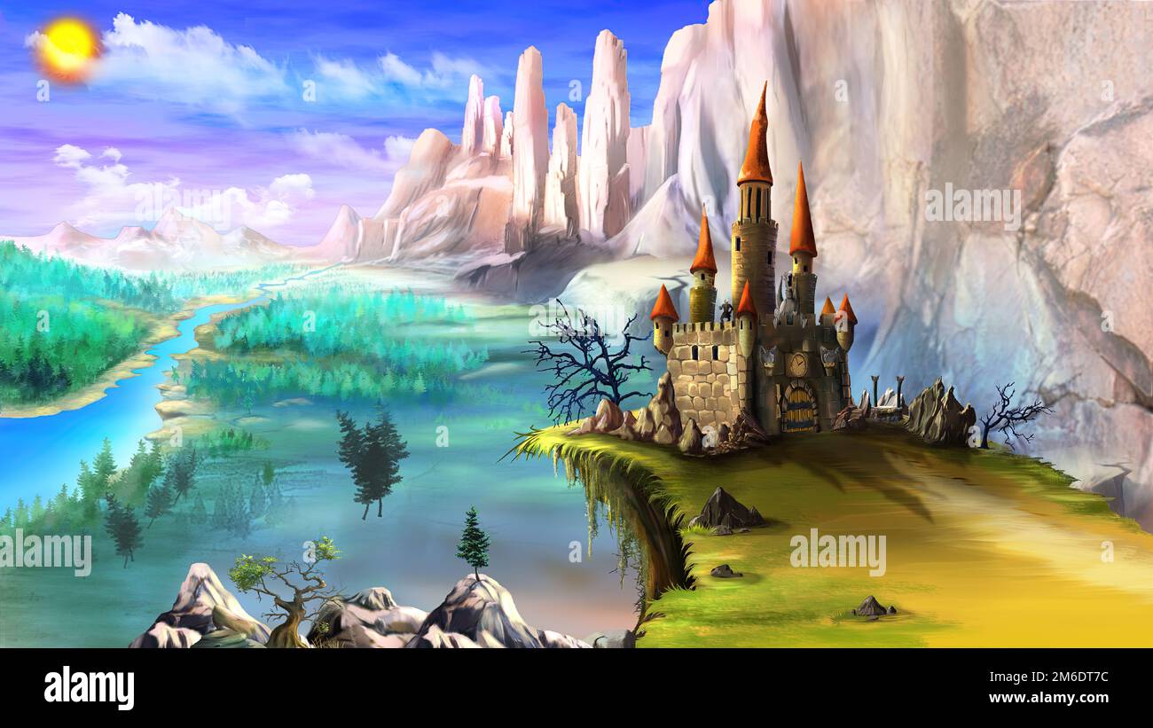 Magical Fairy Tale Castle Surrounded by Mountains above the River in a ...