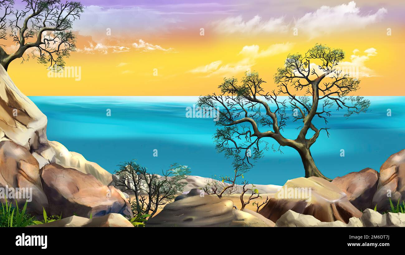 Sea View from the Cliff at Dawn against the Yellow Sky. Digital ...
