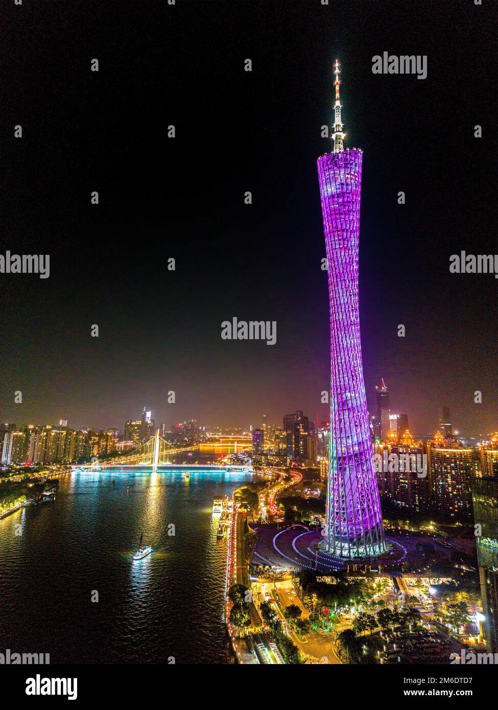 Aerial photo shows the beautiful scenery of the Guangzhou International Light Festival on both ...