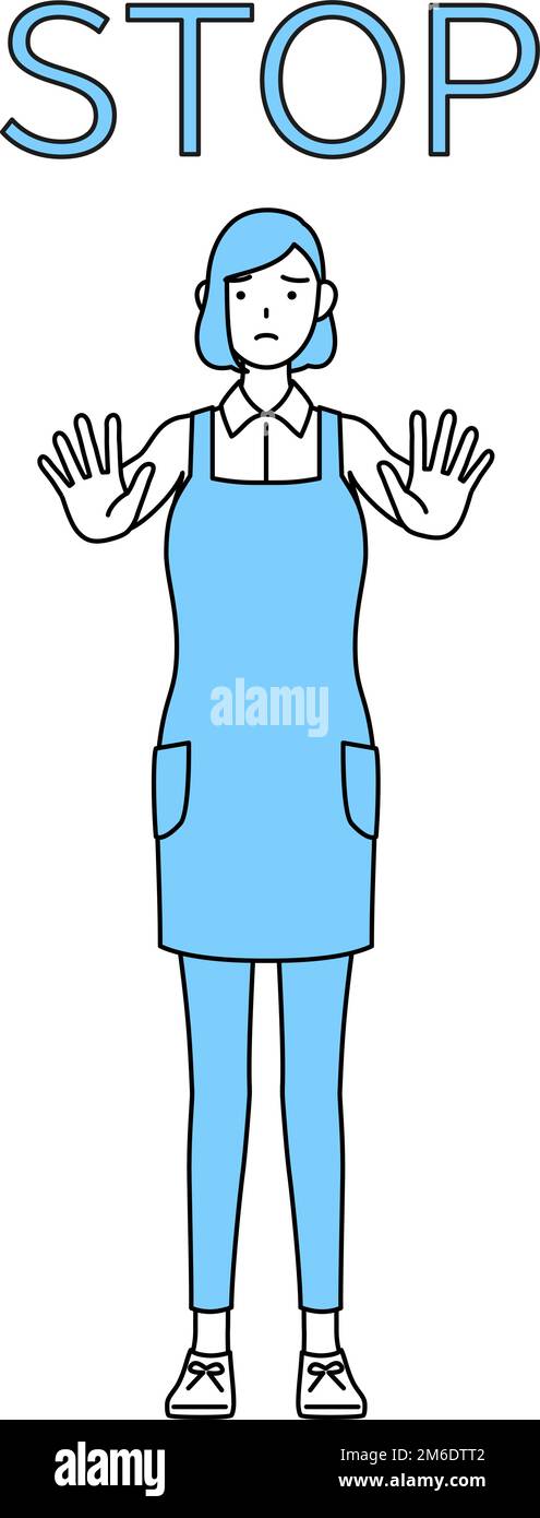 A woman in an apron with his hand out in front of his body, signaling a ...