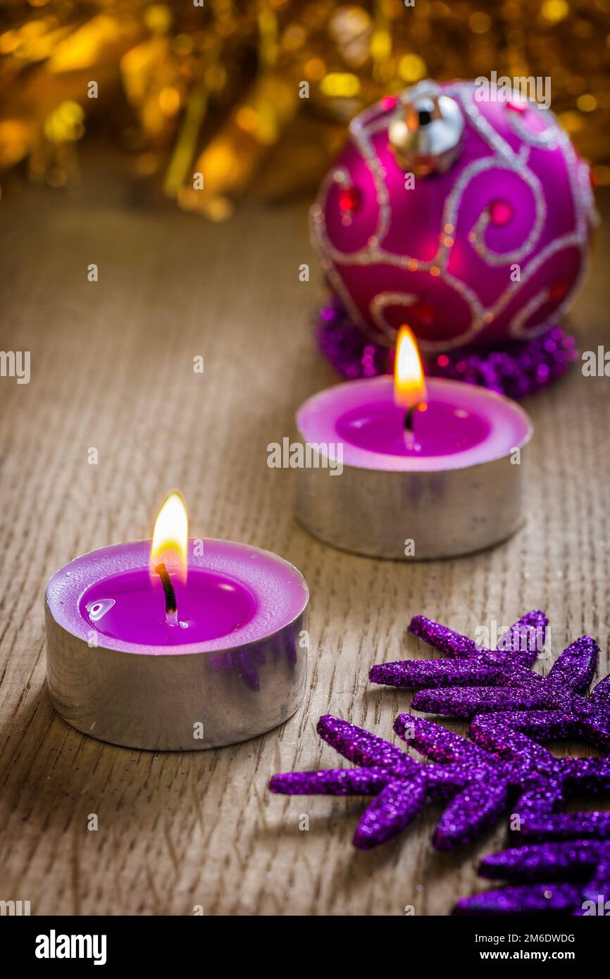 christmas composition candles ball on wood board Stock Photo - Alamy