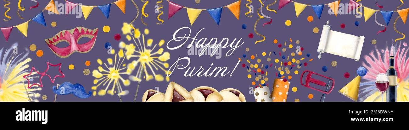 Happy Purim horizontal banner on purple background with carnival masks ...