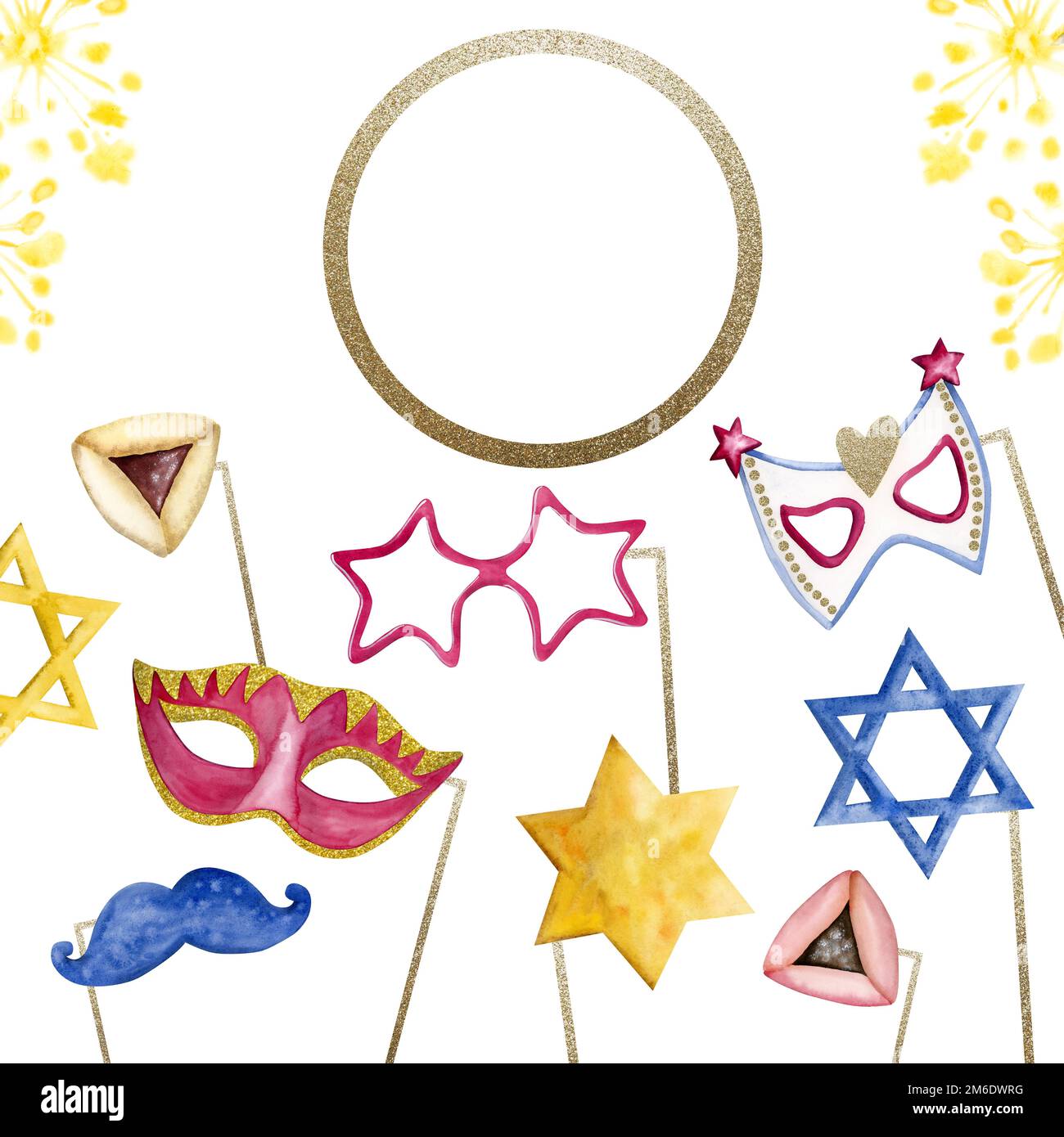 Watercolor Purim frame with copyspace for text, gold circle masks and ...
