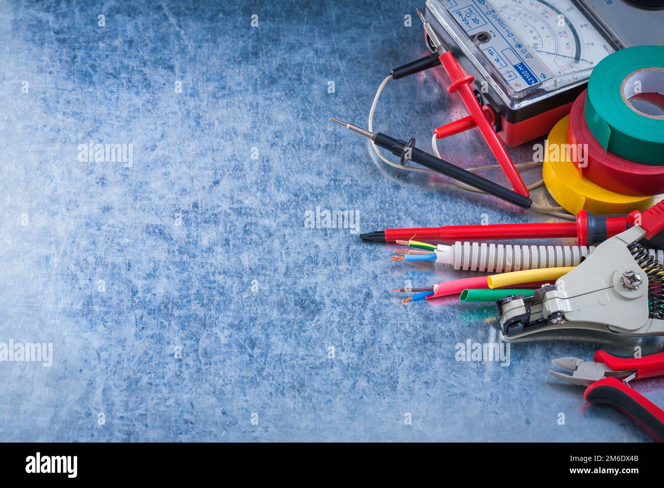 Group of electrical equipment on metallic background horizontal view ...
