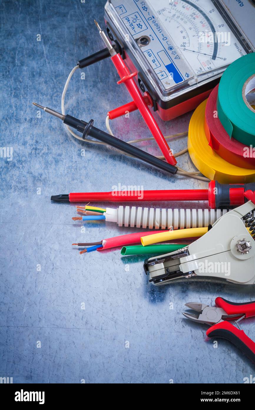 Group of electrical equipment on metallic surface construction concept ...