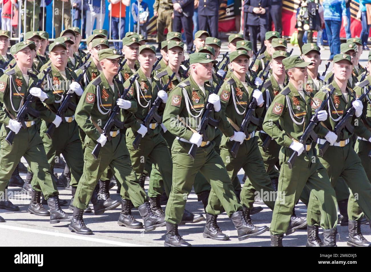 Russian soldiers march at the parade on annual Victory Day, May, 9 ...