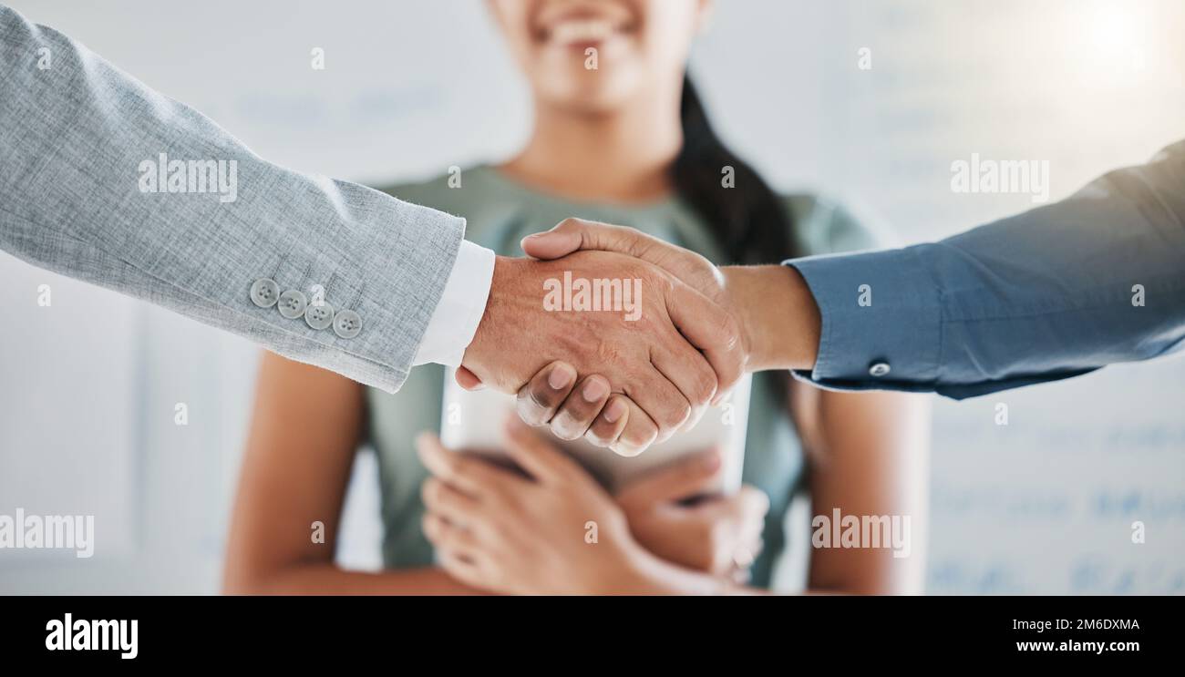 Teamwork, collaboration and business people handshake for partnership, b2b or hiring contract ...