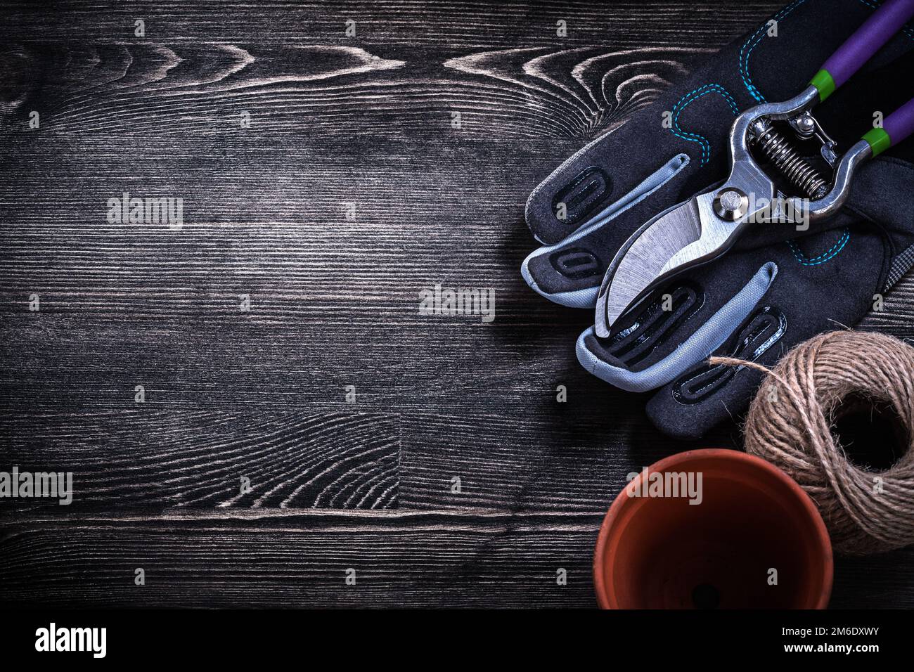 Protective glove garden pruner peat pot hank of string Stock Photo - Alamy
