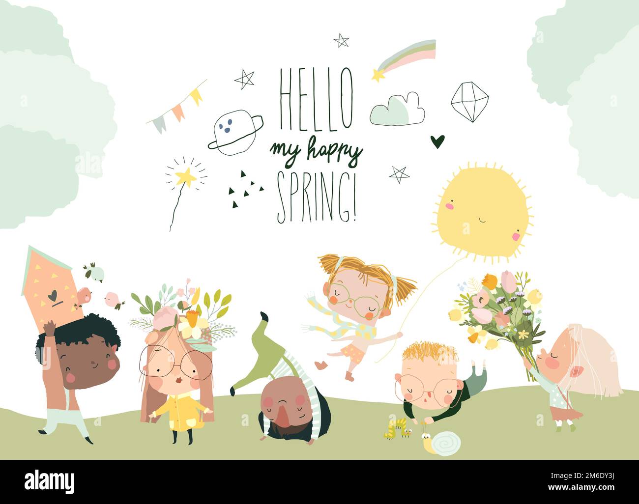 Cartoon Group of Happy Children meeting Spring Stock Vector Image & Art ...