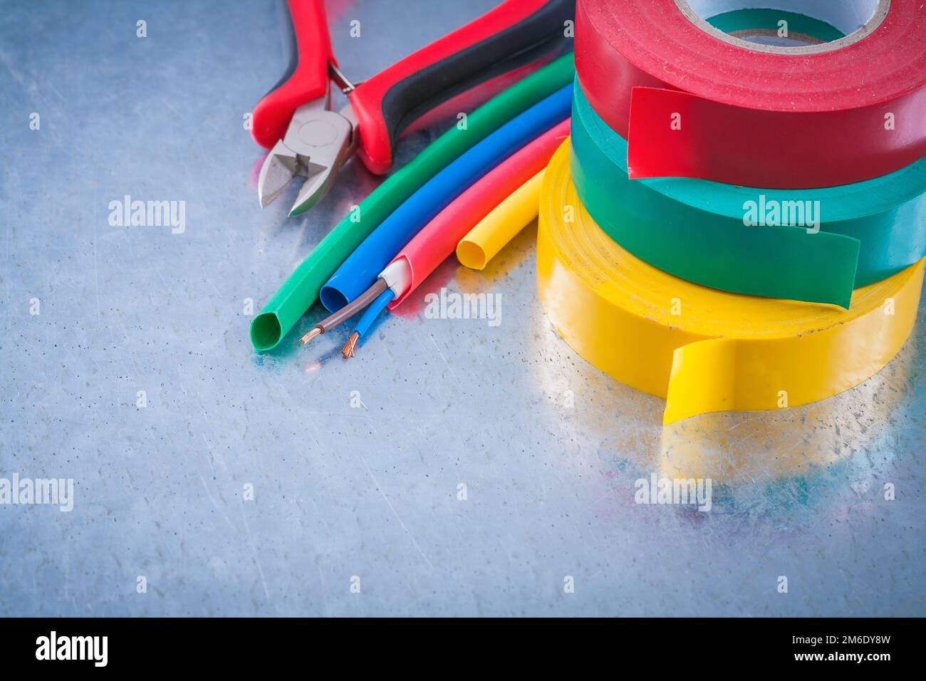 Set of wire protection copper cables metal nippers insulation tape ...