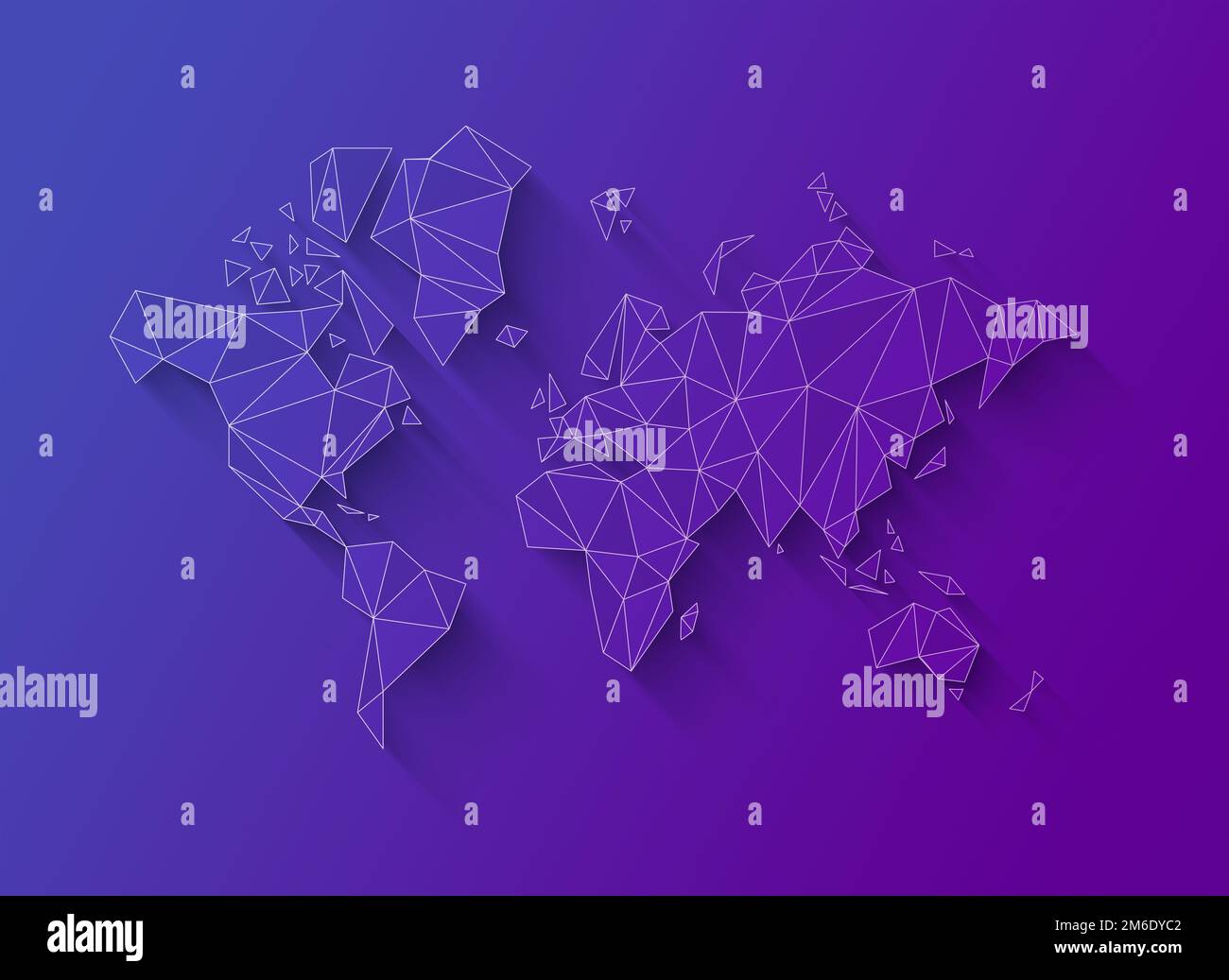 World map shape made of polygons. 3D illustration isolated on a purple ...