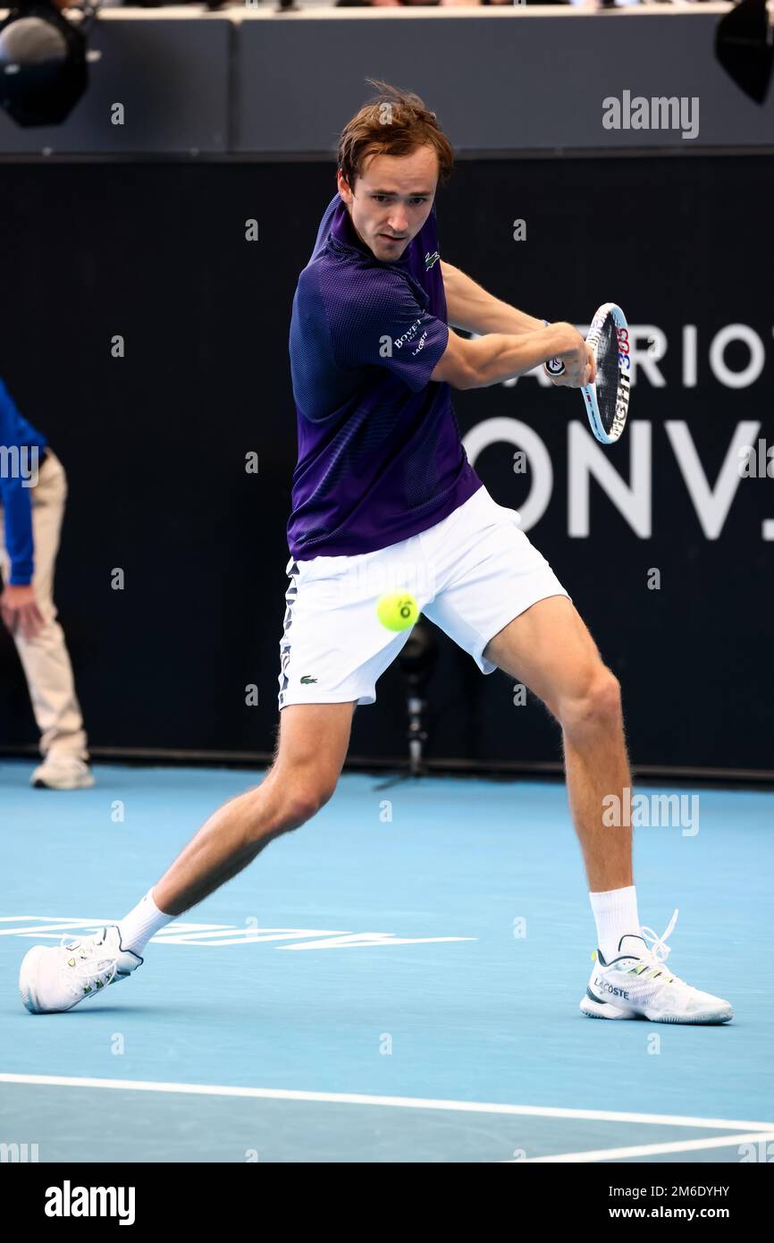 Adelaide, Australia, 4 January, 2023. Daniil Medvedev hits a backhand ...