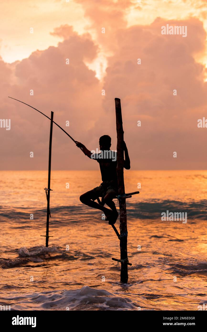 Silhouettes of the traditional Sri Lankan stilt fishermen on a stormy ...