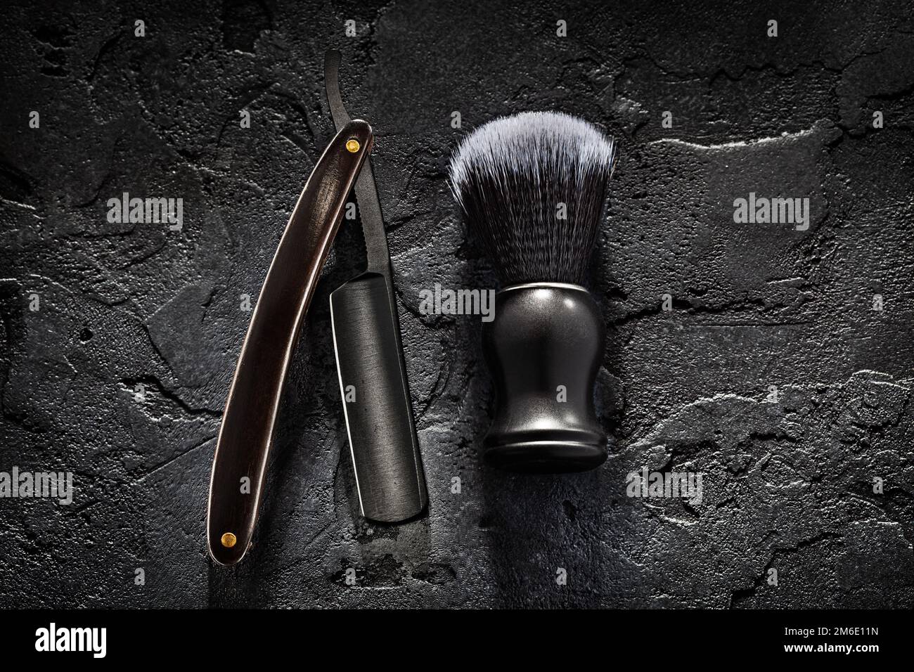 Black Barber Tools. Shaving Brush And Opened Straight Razor With ...