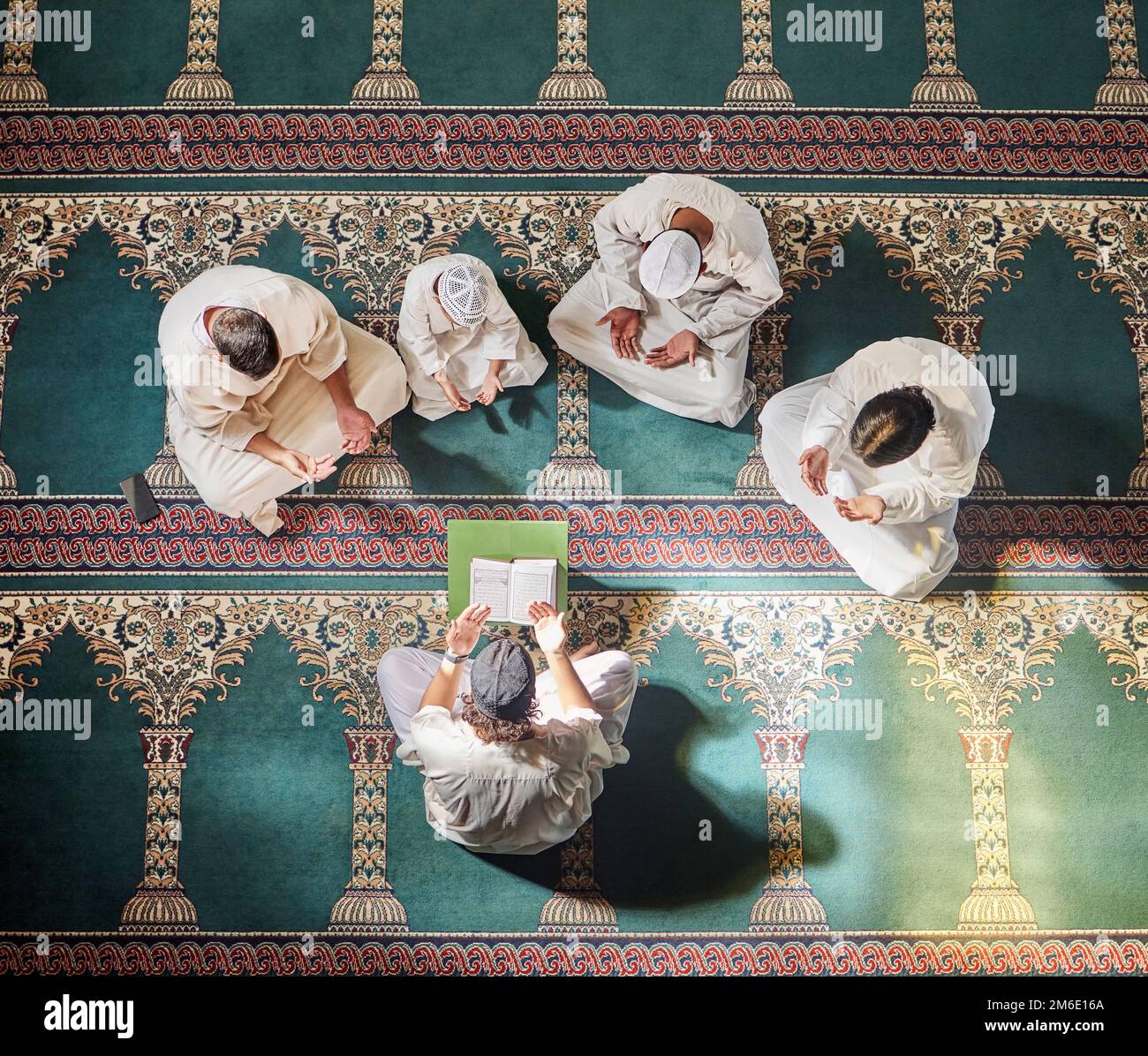 Above mosque carpet, group and quran for faith, religion and prayer for ...