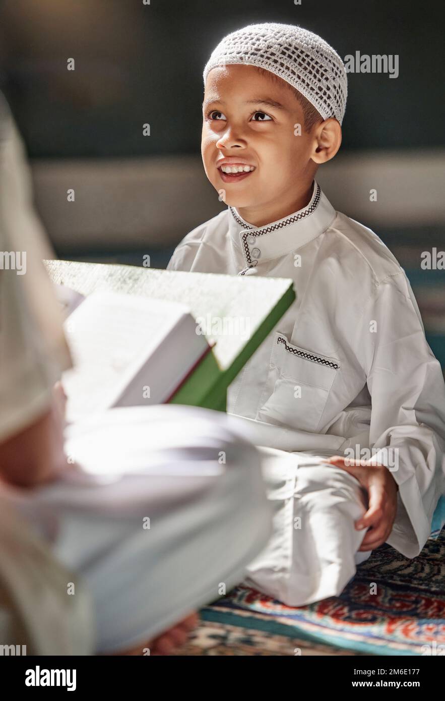 Muslim child, mosque and quran with teacher for spiritual learning ...