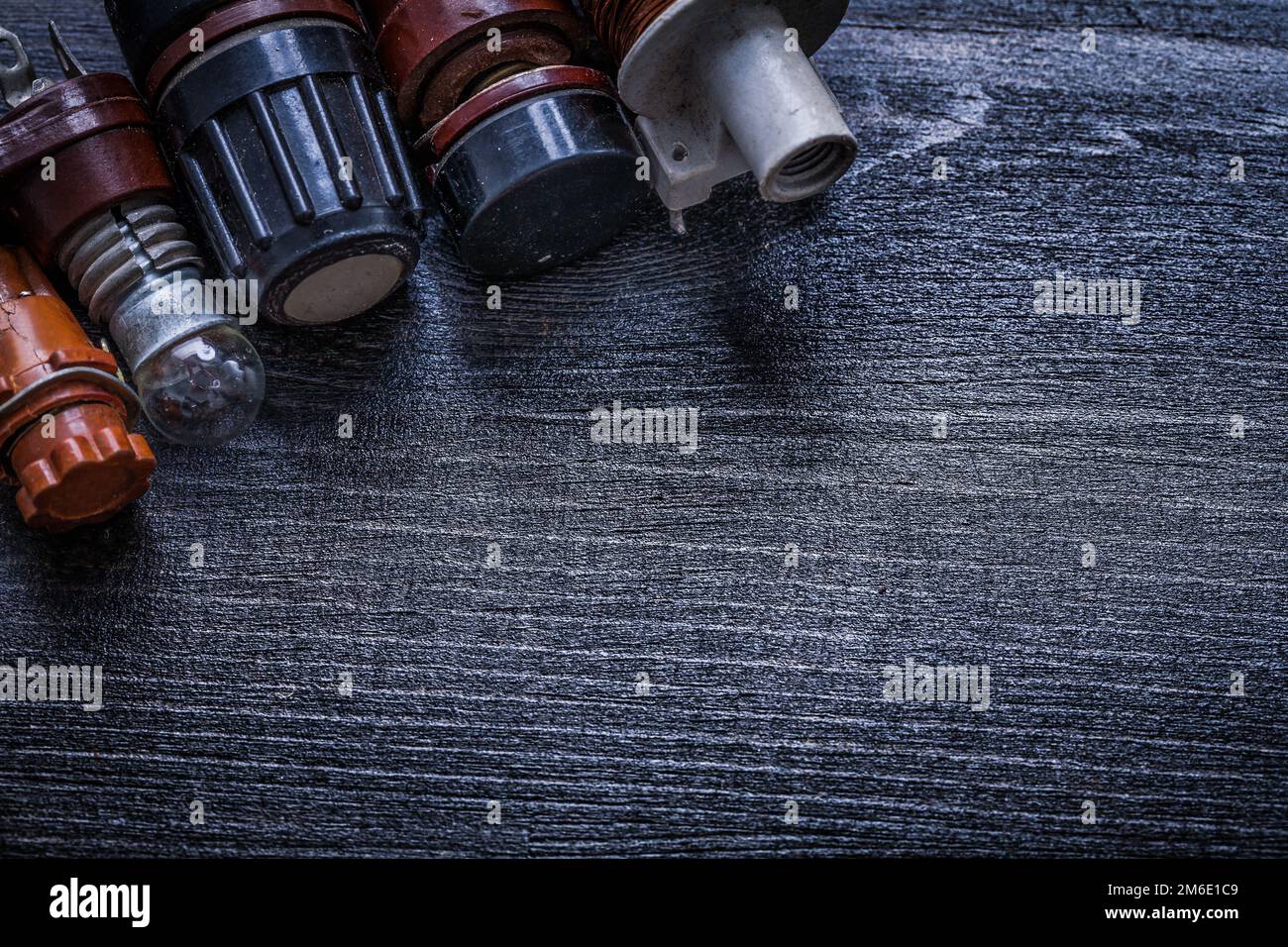 Composition of vintage electric tools on wooden board electricity ...