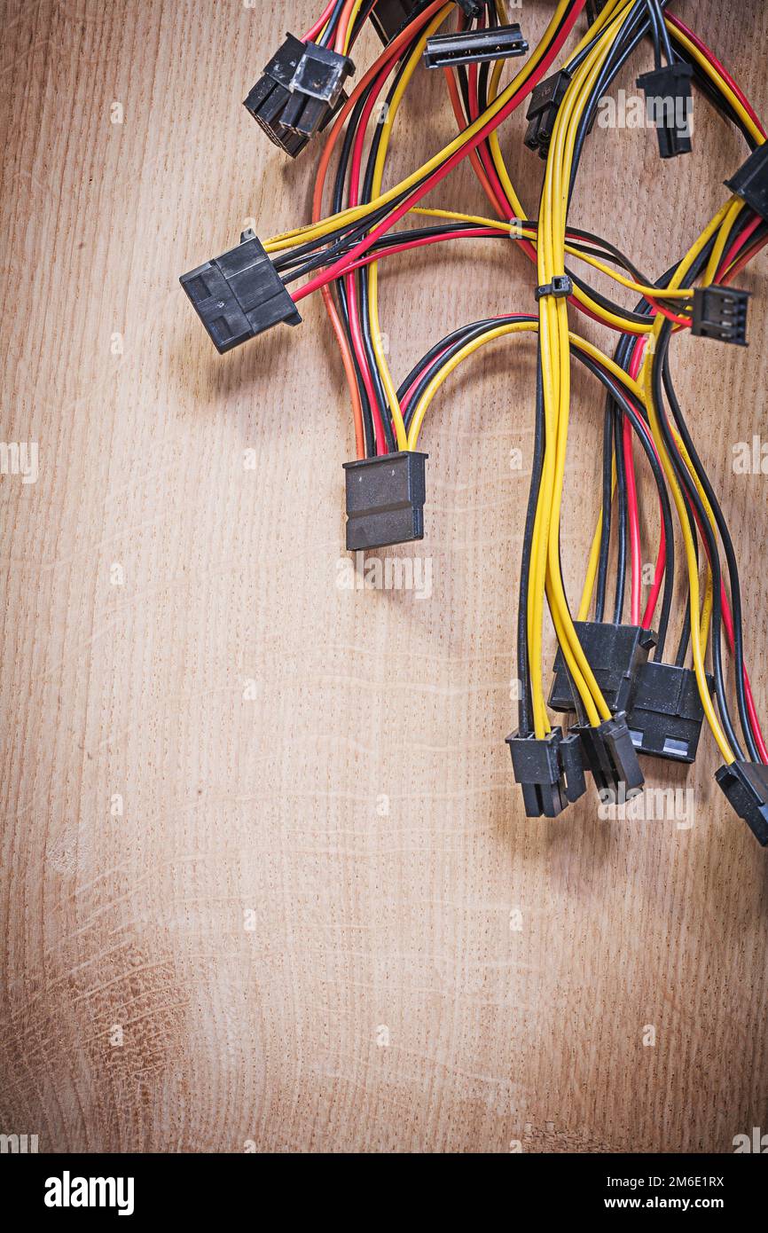 Electric wires on wooden board electricity concept Stock Photo - Alamy