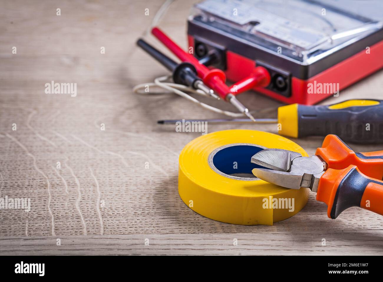 electrical tools composition on wood background Stock Photo - Alamy