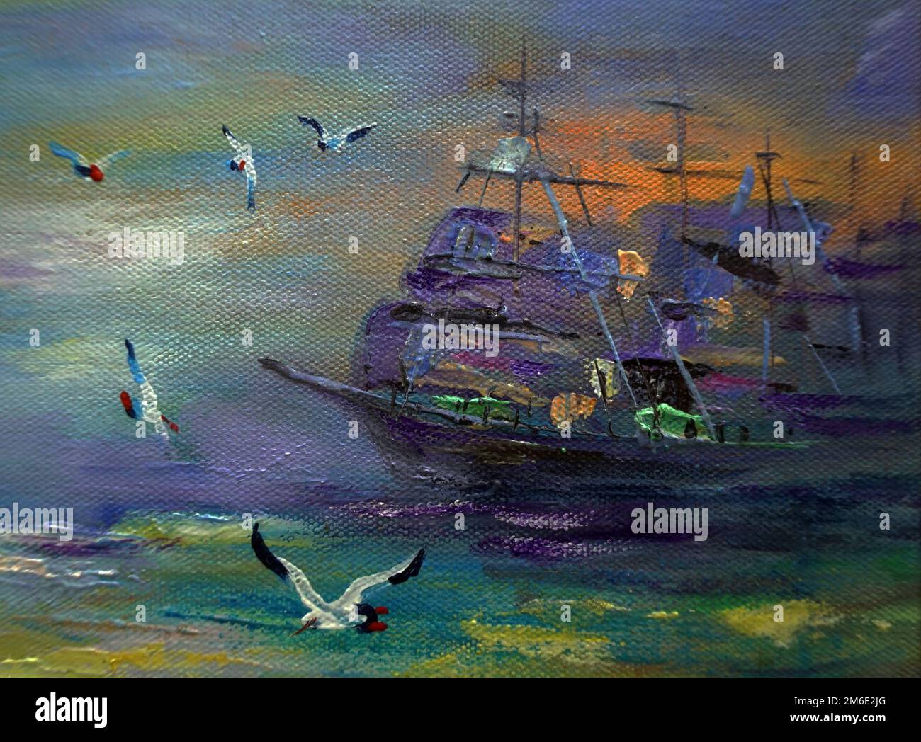 Art painting oil color barque lucky , sailboat , junk boat , Lucky ...