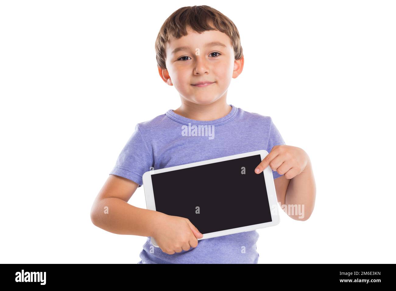 Young boy child pointing at tablet computer information marketing ad ...