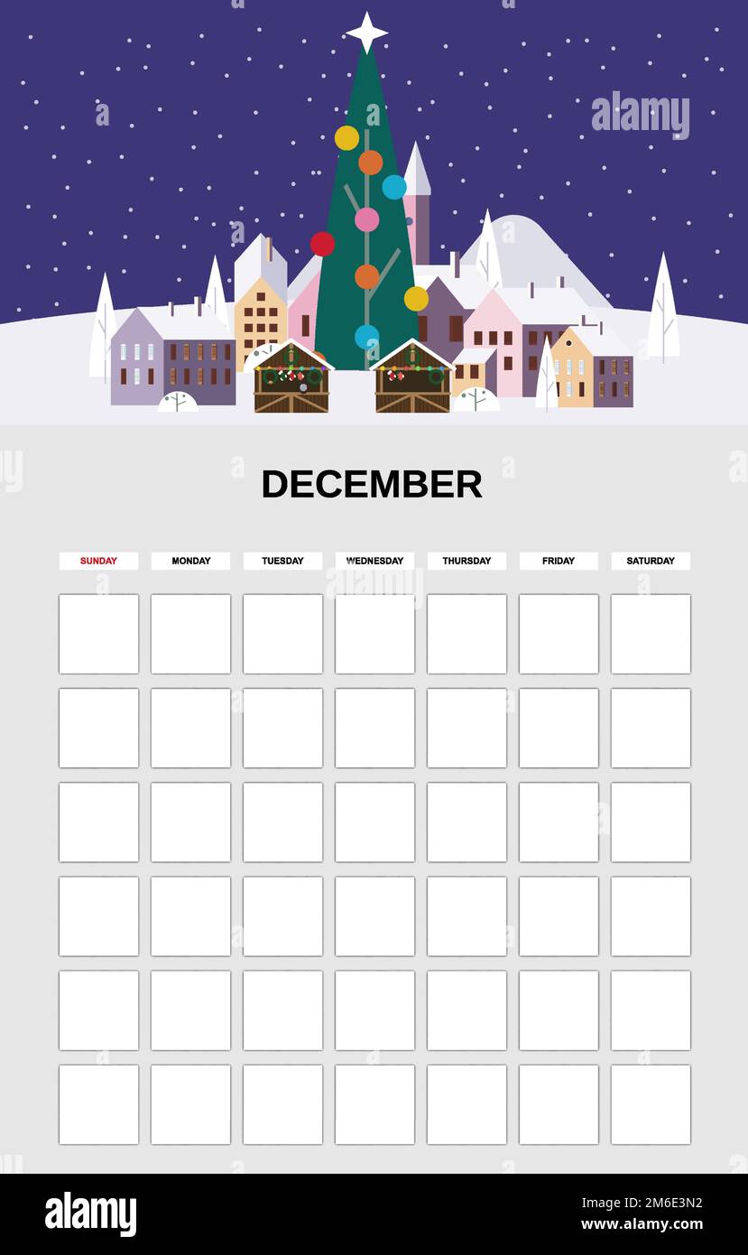 December Calendar Planner month. Minimalistic Christmas city landscape ...