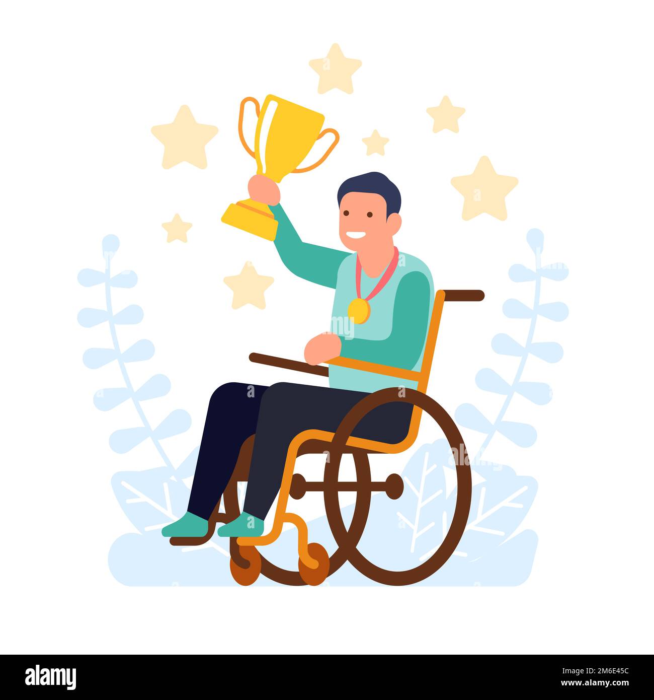 Disabled guy in wheelchair holds winners cup. Paralyzed person with ...