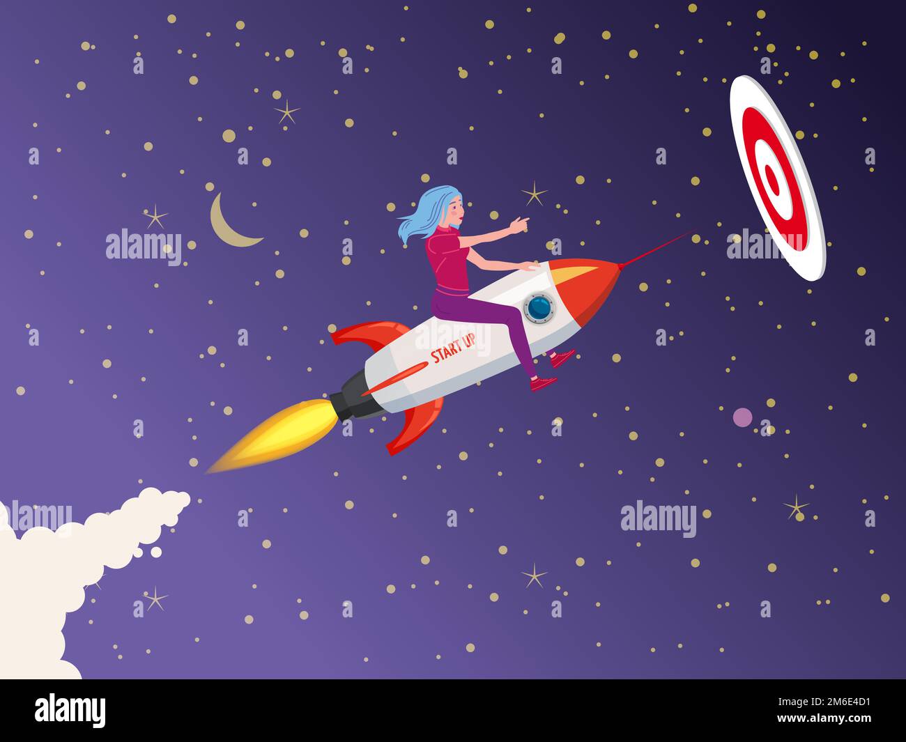 Businesswoman on a rocket fly through sky to target. Start up, goal ...