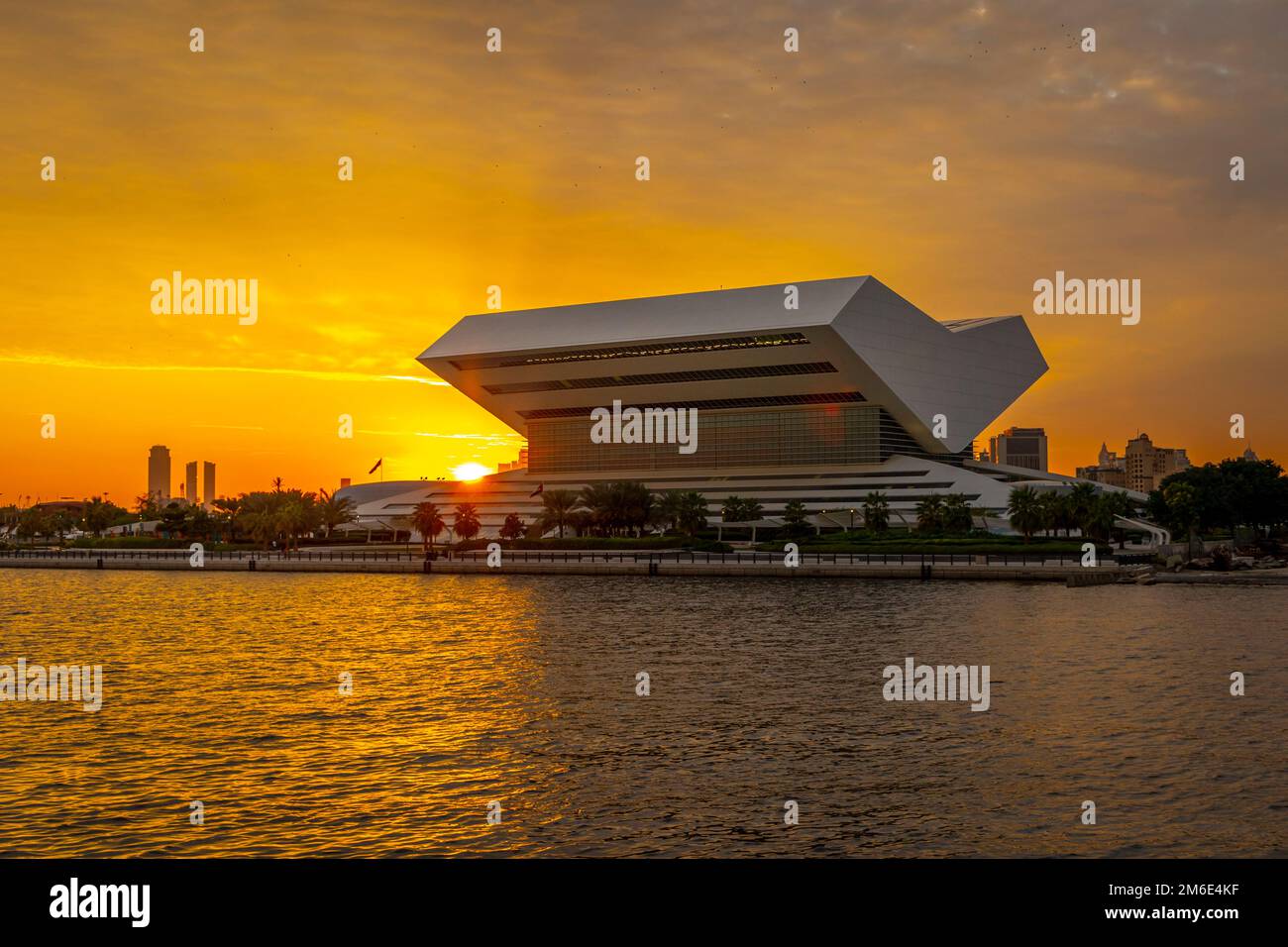 Sunset at Dubai Festival city. New building of Sheikh Muhammad Bin ...