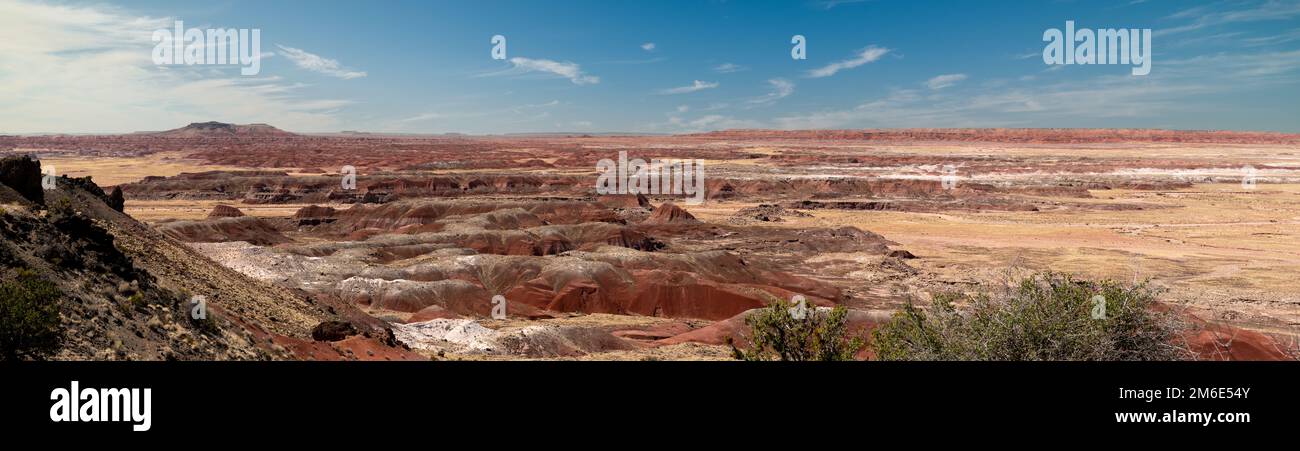 A panoramic shot of the layers of sediments at the Petrified Forest ...