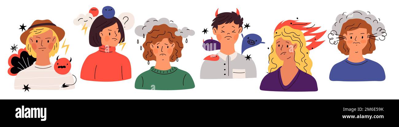 Negative thinking people. Guys and girls in bad mood. Worried persons ...